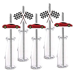 Caring Car Party Straw Decor, 24-Pack Race Car Flag Baby Shower Birthday Party Decorations, Paper Decorative Straws