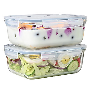 4pc Set of 8 Cup Large Glass Food Storage Containers with Lids - Airtight Meal Prep Container with Lid Lock - Freezer Microwave & Oven Safe Clear Lunch Bowl, Stackable Baking Pantry Organizer