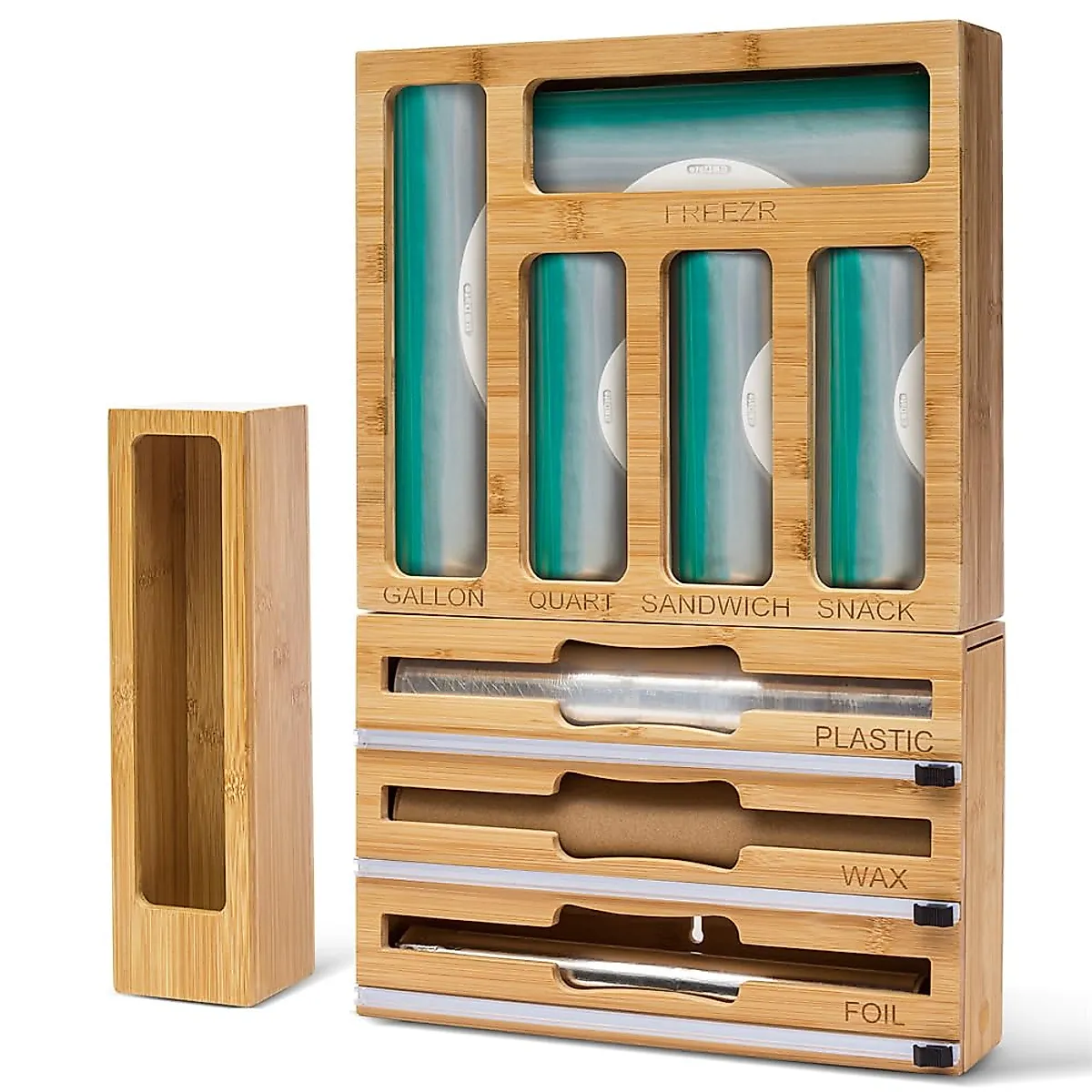 Storage Bag Organizer for Drawer, Foil and Plastic Wrap Dispenser with Cutter for Kitchen, 9-in-1 Storage for Snack, Gallon, Sandwich and More