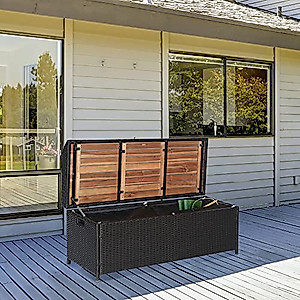 Outsunny Patio Wicker Storage Bench, Outdoor PE Rattan Patio Furniture, Air Strut Assisted Easy Open, 2-in-1 Large Capacity Rectangle Basket Box with Handles & Wooden Seat, Black