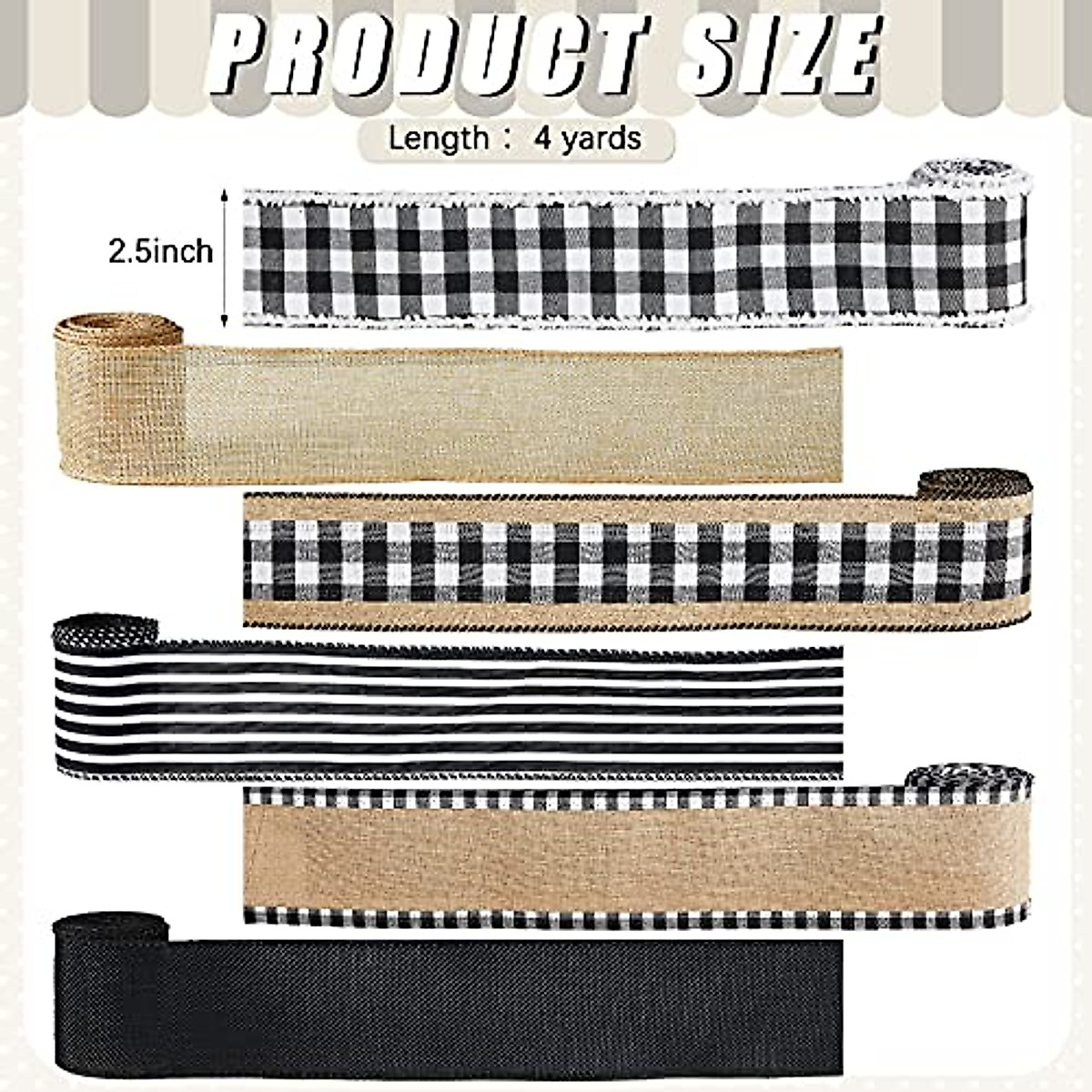 6 Rolls Wired Edge Ribbons 2.5 Inches x 24 Yards Burlap Ribbon Black and White Fabric Ribbons Plaid Stripe Craft Wired Ribbon Christmas Tree Ribbon for Farmhouse Holiday Wreath Home Decor