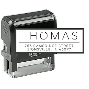 Stampi Custom Address Stamp - 3 Lines Customizable Text with 15 Graphics - Self Inking Rubber or Wood Handle Stamp - Wedding Address Stamp - Modern Return Address Stamp - 7/8 x 2 3/8 (Thomas)
