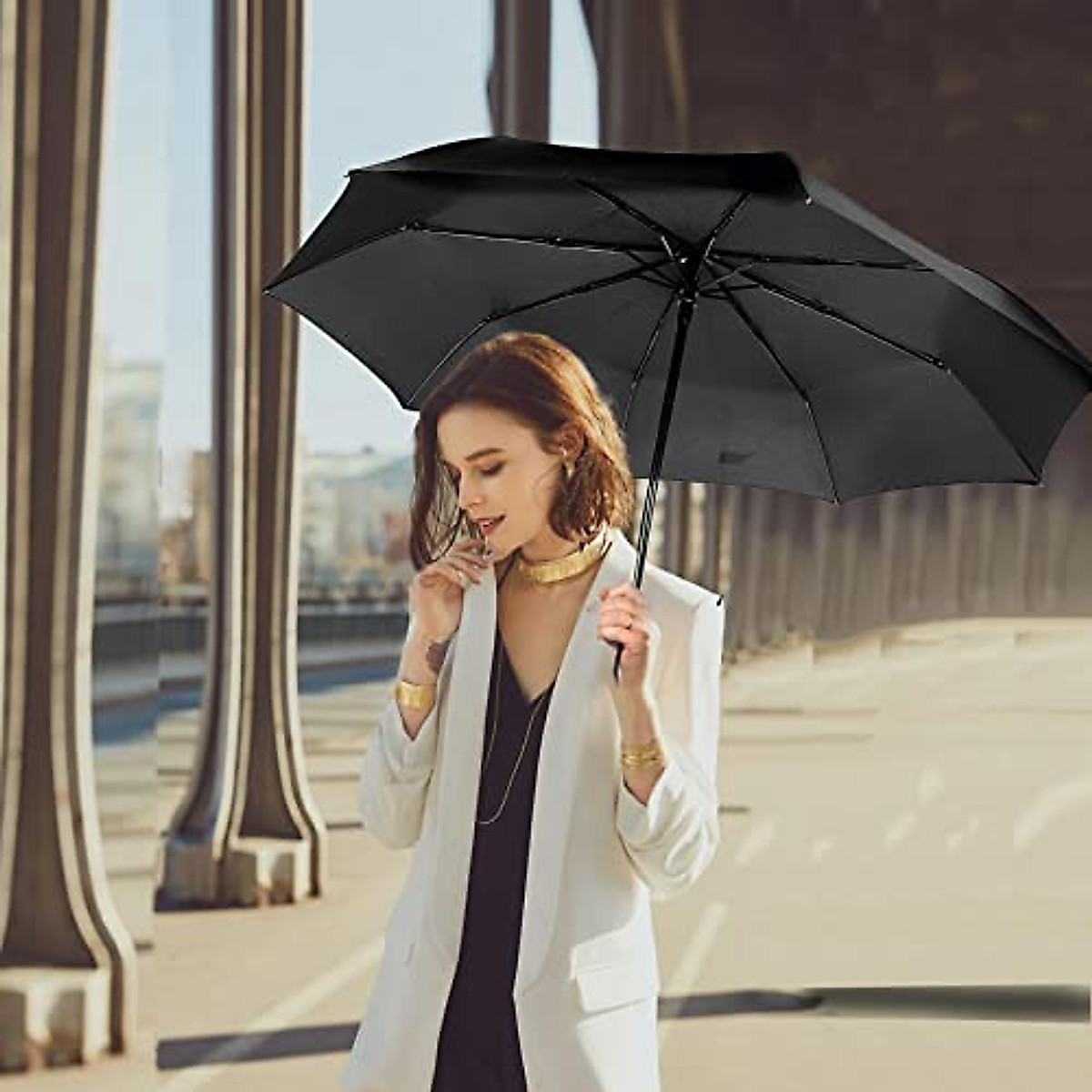 MRTLLOA 42 Inch Compact Windproof Travel Umbrella for Rain, Lightweight, Portable, Automatic, Strong, Waterproof Folding Small Umbrellas for Women & Teenagers(Black)