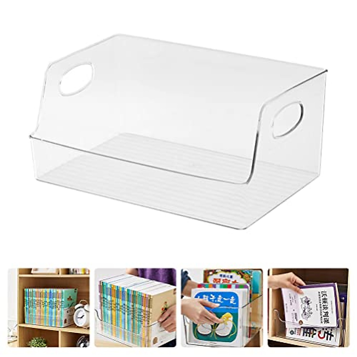 Plastic Bin Storage Organizer Basket Container with Handle for Home Office Kitchen Cabinet Pantry Shelf Organization Holds Notebook Books Food Ligne Collection Clear