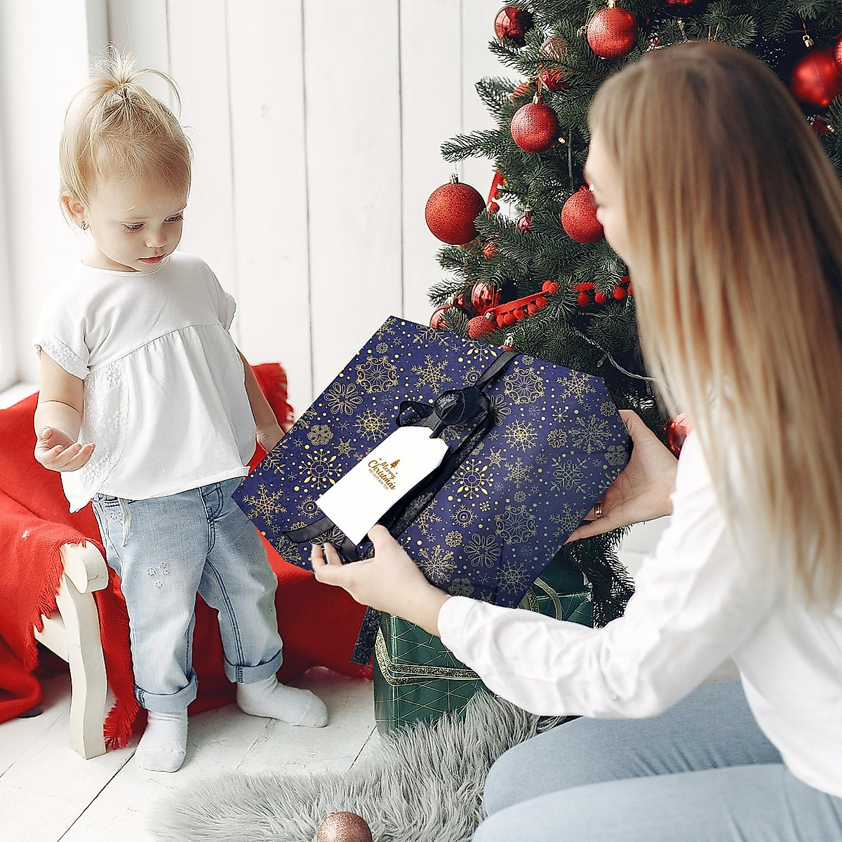 MAMUNU Christmas Wrapping Paper Roll, Navy Blue and Brown Kraft Gift Wrapping Paper Jumbo Roll, Snowflake Recycle Christmas Wrapping Paper for Gift Wrapping Arts Crafts Decorations, 17x590 Inch.