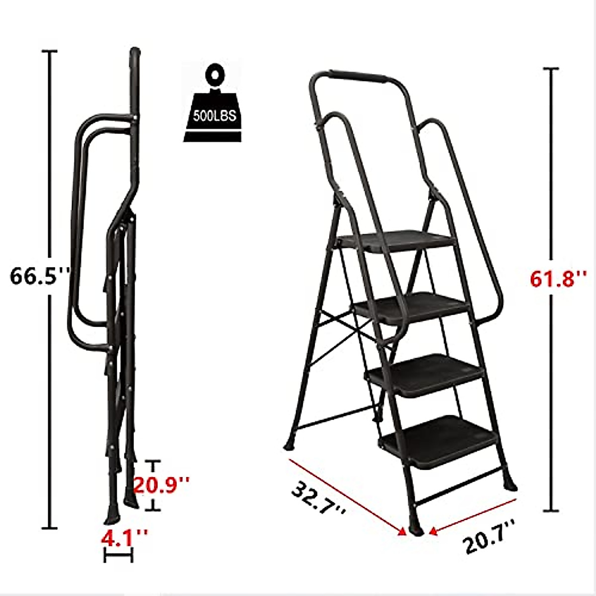 FOOWIN Step Ladder, 4 Step Folding Ladder with Handrails, Portable Steel Step Stool Wide Pedal Ladder Non-Slip Step Ladders for Home Office Kitchen with Detachable Tool Bag (4 Step)