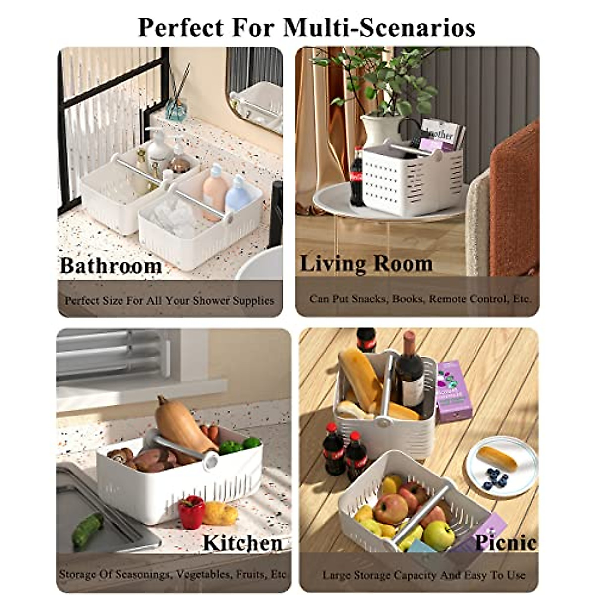 WeshyiGo 2-Pack Grey Shower Caddies and 2 Pack Deformable Plastic Shower Caddy Basket,with handles, Portable Bathroom Caddy Basket, For Bathroom、 room、 Kitchen and College Dorm（White）