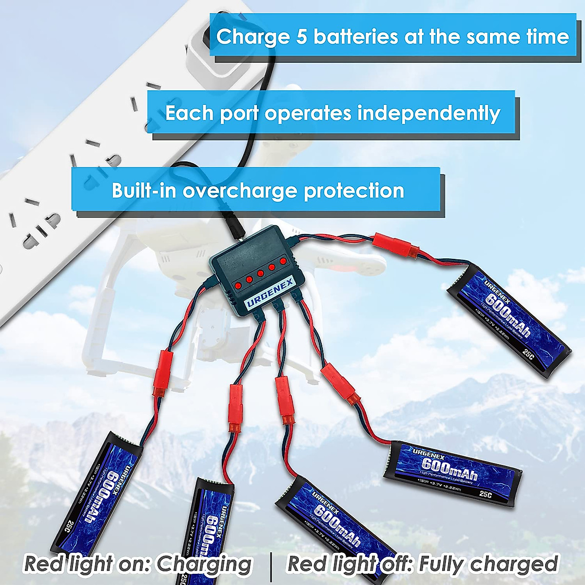 URGENEX 3.7v Lipo Battery 600mAh with JST Plug 1S Li-Po Battery with X5 Battery Charger for UDI U817 U817A V959 V222 V929 RC Drone Quadcopter 5PCS Aircraft Batteries