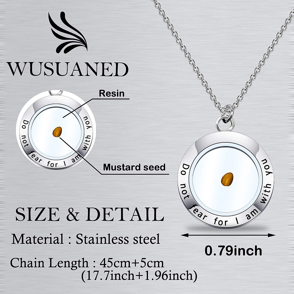 WUSUANED Mustard Seed Faith Necklace Seed Charm with Bible Verse Inscription Christian Pendant Religious Jewelry Inspirational Christian Gift for Women (Do not fear necklace)