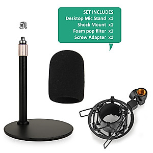 AT2020 Mic Stand, Adjustable Height Desk Mic Stand with Shock Mount, Foam Windscreen, Metal Weighted Base, 1/4 to 3/8 Metal Adapter, for AT2020 AT2020USB AT2020USB+ AT2035 Mic by Rigych