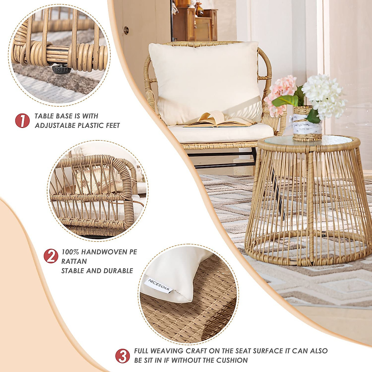 NICESOUL® 3 Pcs Boho Outdoor Small Patio Furniture Chair Set with Beige Cushion and Round Glass Table Side Table Natural Color Wicker Conversation Chair Set Bistro Set for Garden Balcony Deck Porch