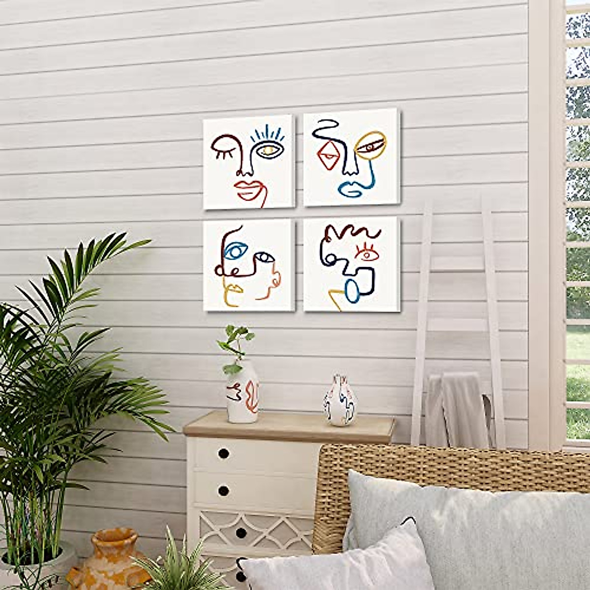 SUMGAR Abstract Face Wall Art Boho Decor Minimalist Line Drawing Artwork Mid-Century Morocco Pictures Shabby Chic Beige Framed Canvas Prints for Bathroom Bedroom Living Room - 12" x 12" 4 panel
