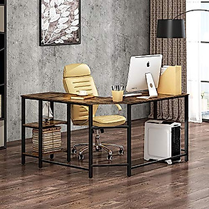 Wodeer L Shaped Computer Desk with Storage Shelves Corner Gaming Desk Writing Study Table Home Office Workstation Wood & Metal （Rustic Brown）