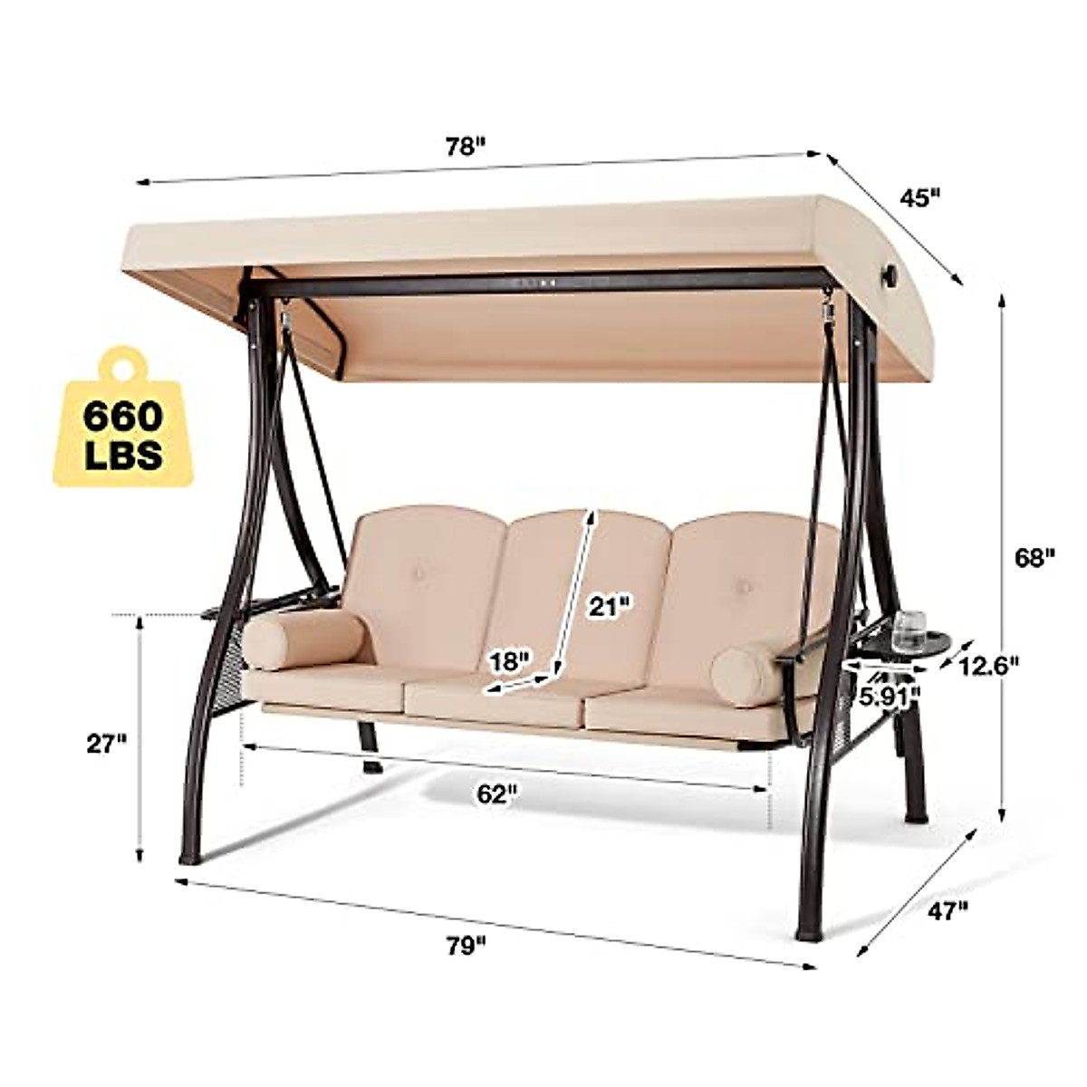 HOMREST 3-Seat Outdoor Porch Swing with Adjustable Canopy and Backrest, Patio Swing Chair with Weather Resistant Steel Frame,Comfortable Cushions for Balcony,Garden,Deck and Poolside(Khaki)