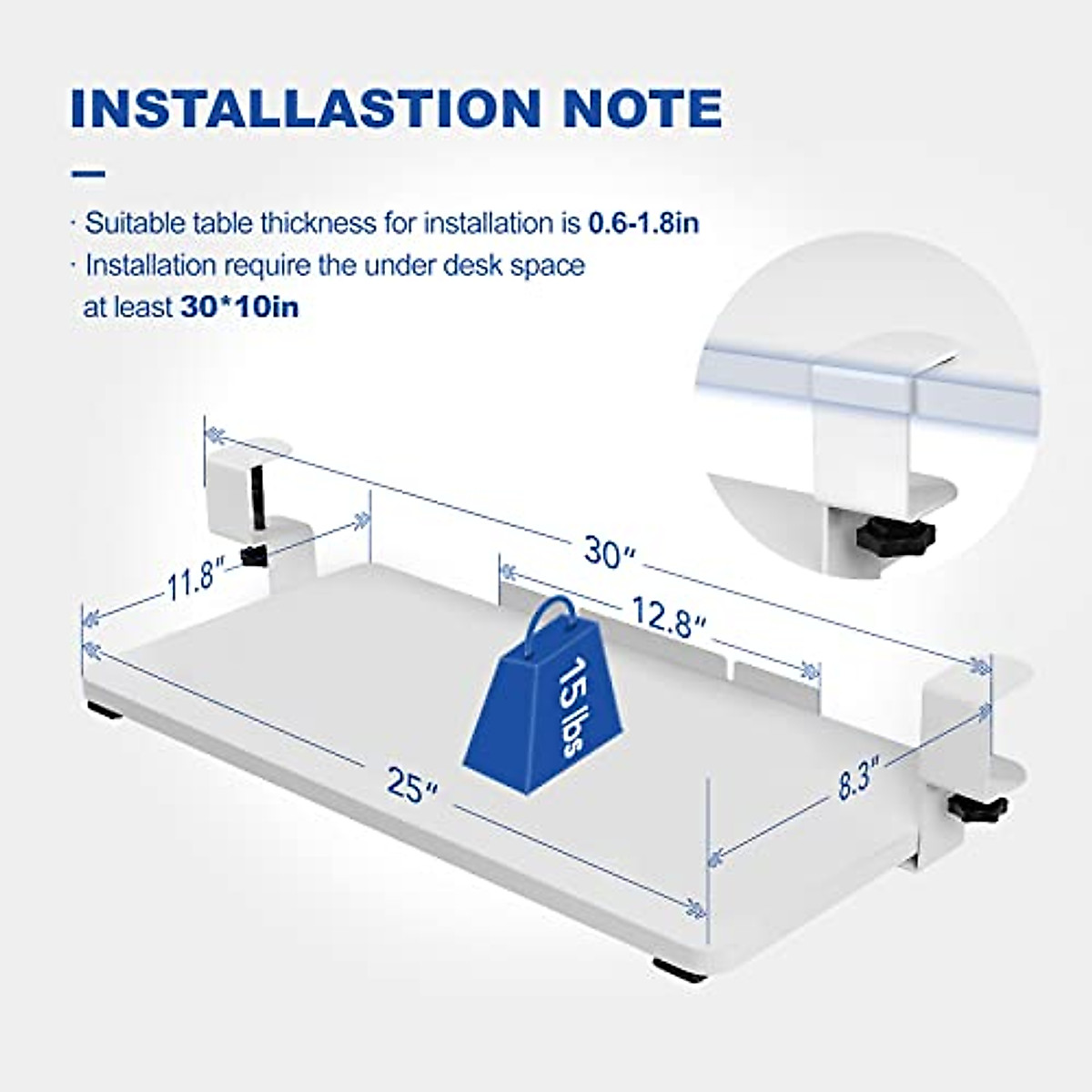 FlexiSpot Keyboard Tray Under Desk with C Clamp Mount 25 (30 Including Clamps) x 12in Adjustable Mouse Computer Keyboard Platform(White)