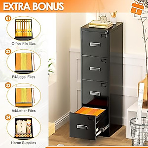 INTERGREAT 4 Drawer Vertical File Cabinet, Black Metal Filing Cabinet with Lock, Tall Lockable Cabinets with 4 Adjustable Hanging Frame for Home Office, Letter/Legal/F4/A4 Size