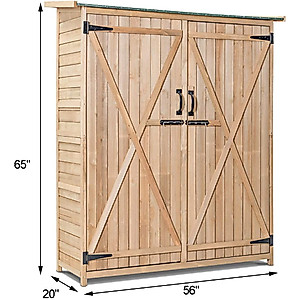 Goplus Outdoor Storage Cabinet, Double Lockable Wooden Garden Shed with 3 Shelves and Waterproof Asphalt Roof, Outside Lean to Shed, Vertical Tall Tool Shed for Patio Yard Lawn