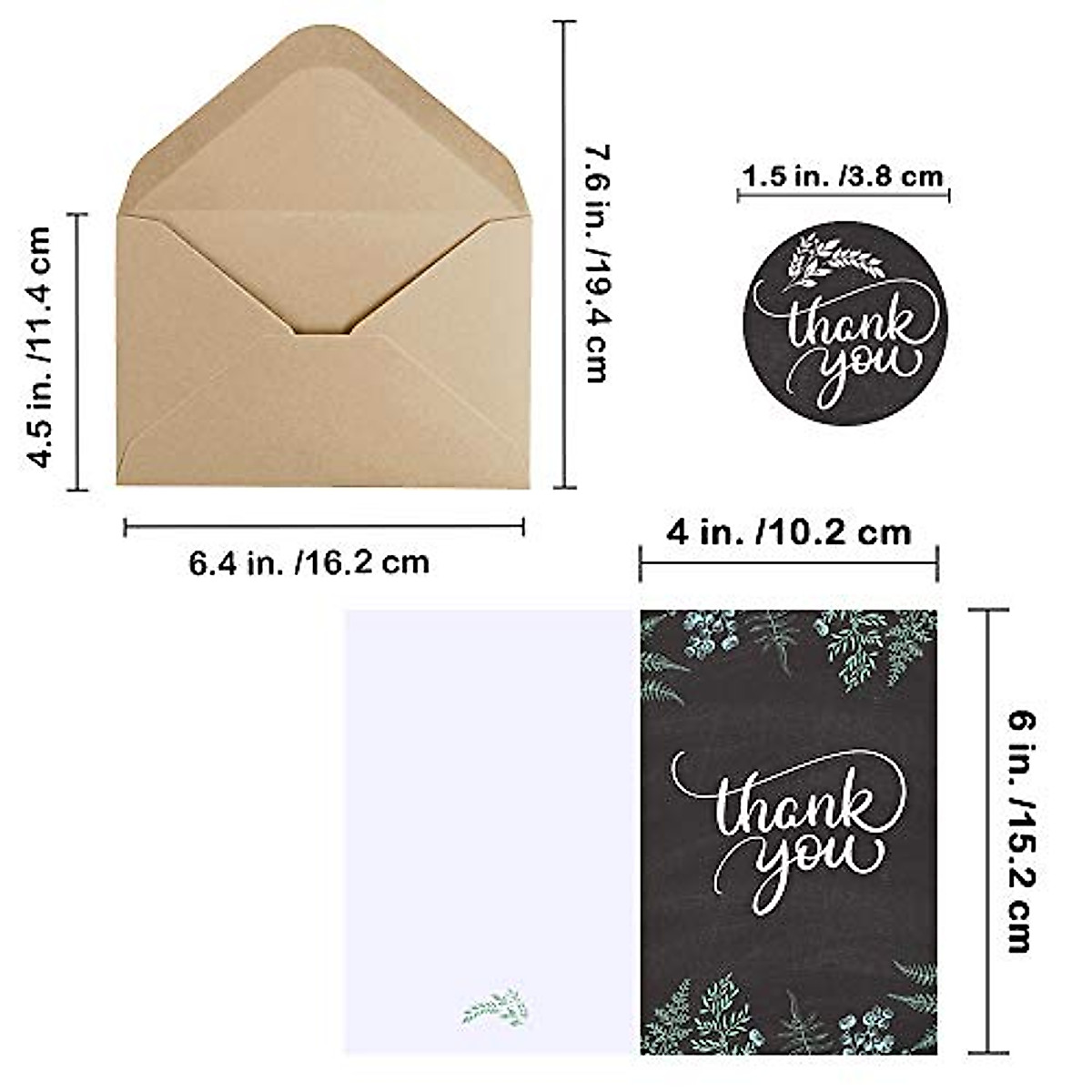Supla 150 Sets Thank You Cards with Envelopes Stickers Bulk Thank You Notes 6 Designs of Chalkboard Floral Thank You Note Cards Vintage Blank Thank You Card 4 x 6 for Wedding Bridal Baby Shower