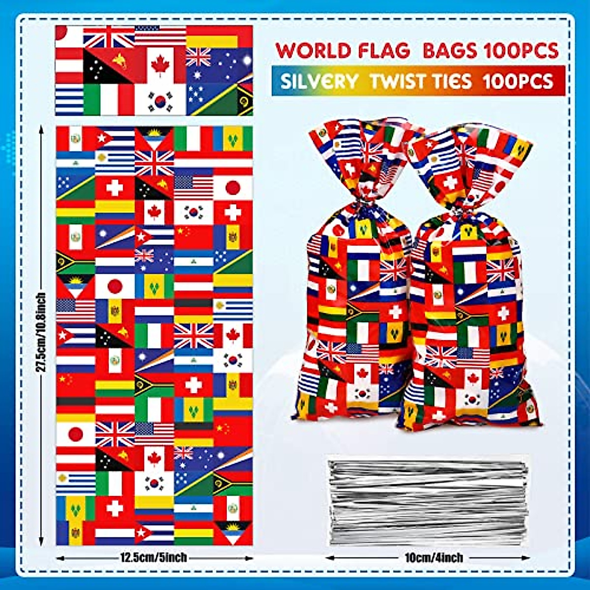 100 Pcs International Flag Candy Party Bags World Country Flags Treat Bags Patriotic Cellophane Bags Travel Goodie Bags for Soccer Sports Beer Festival Events Celebration School Party Decorations