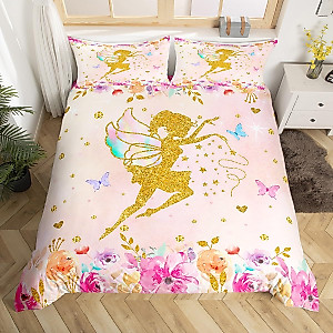 Castle Fairy Girls Colorful Flowers Bedding Set,Magical Girl Duvet Cover for Teens,Kids Gold Butterfly Comforter Cover Decorative Room,Children Dreamy Quilt Cover with 2 Pillowcases,Full Size