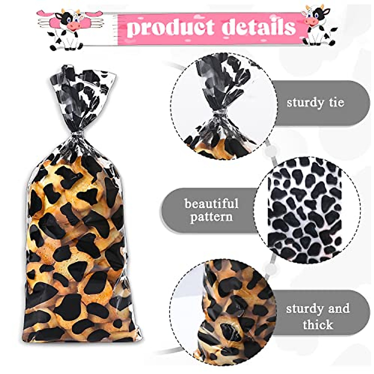 Storage bag Cow Print Goodie Bags Cow Party Favors Treat Bags Cellophane Gift Bags with Twist Ties for Cow Theme Baby Shower Cowgirl Cowboy Birthday Party Supplies 100 Pcs
