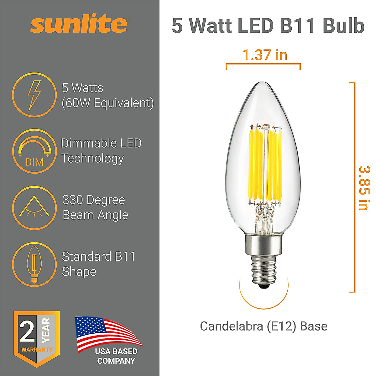 Sunlite 40956 LED B11 Filament Style Chandelier Light Bulb Torpedo Tip 5 Watts (60 W Equivalent) Dimmable, 600 Lumens, Candelabra E12 Base, UL Listed, 6 Pack, 30K-Warm White