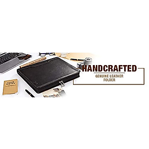 AZXCG Handmade Genuine Leather 3 Ring Binder Portfolio Folder with Zipper for 13.3” Tablet/Laptop,Professional Leather Binder with Letter Size Notepad (Non-Custom, Black-Oil)