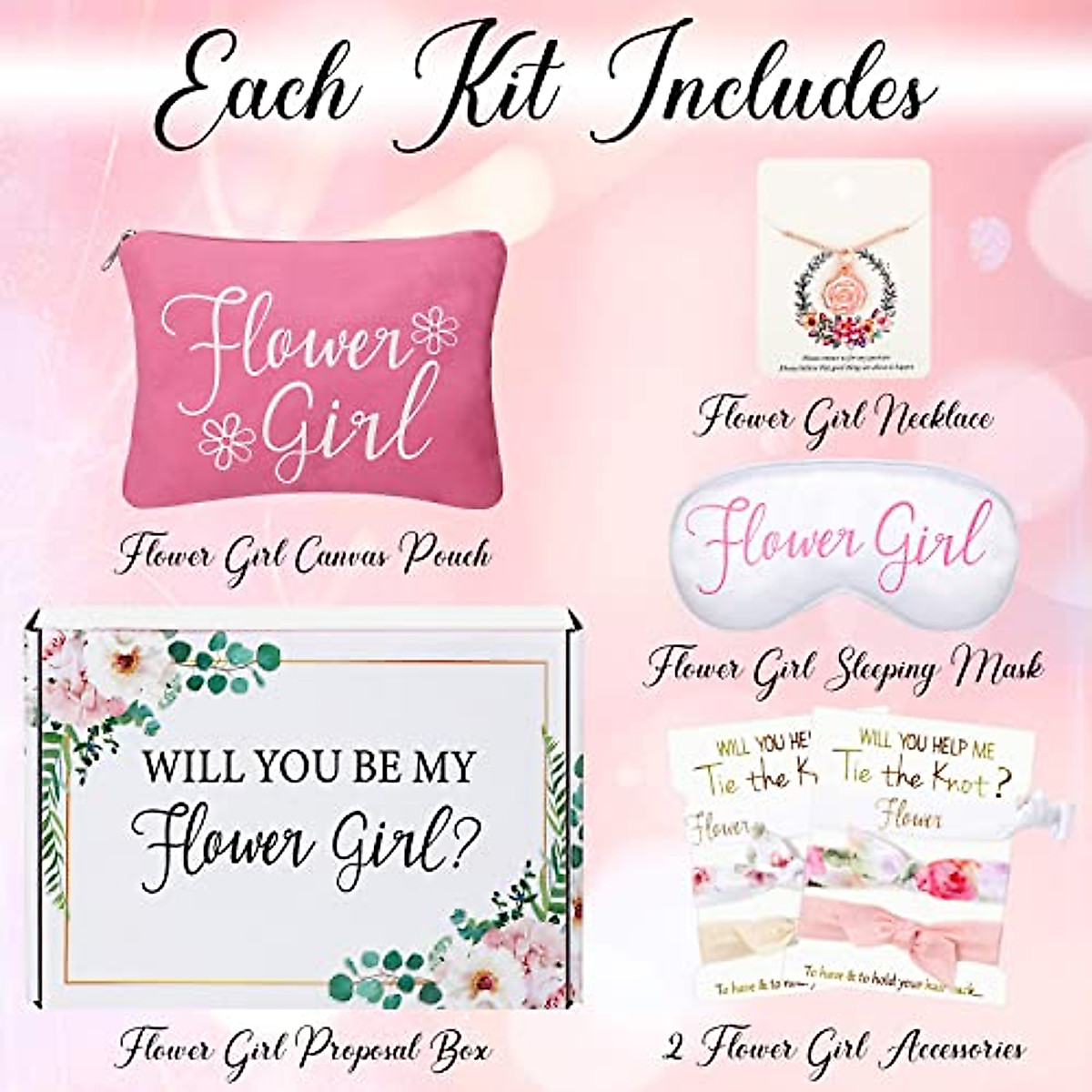 10 Pcs Flower Girl Proposal Gift Set, Flower Girl Box Flower Girl Necklace Sleeping Mask Makeup Pouch and 6 Pcs Flower Hair Ties Will You Be My Flower Girl Proposal Box for Bride Showers