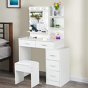 JBLCC Makeup Vanity with Lighted Mirror,Large Vanity Desk with Storage Shelves & 5 Drawers,Cushioned Stool,Makeup Vanity Table with Lights for Bedroom (3080)