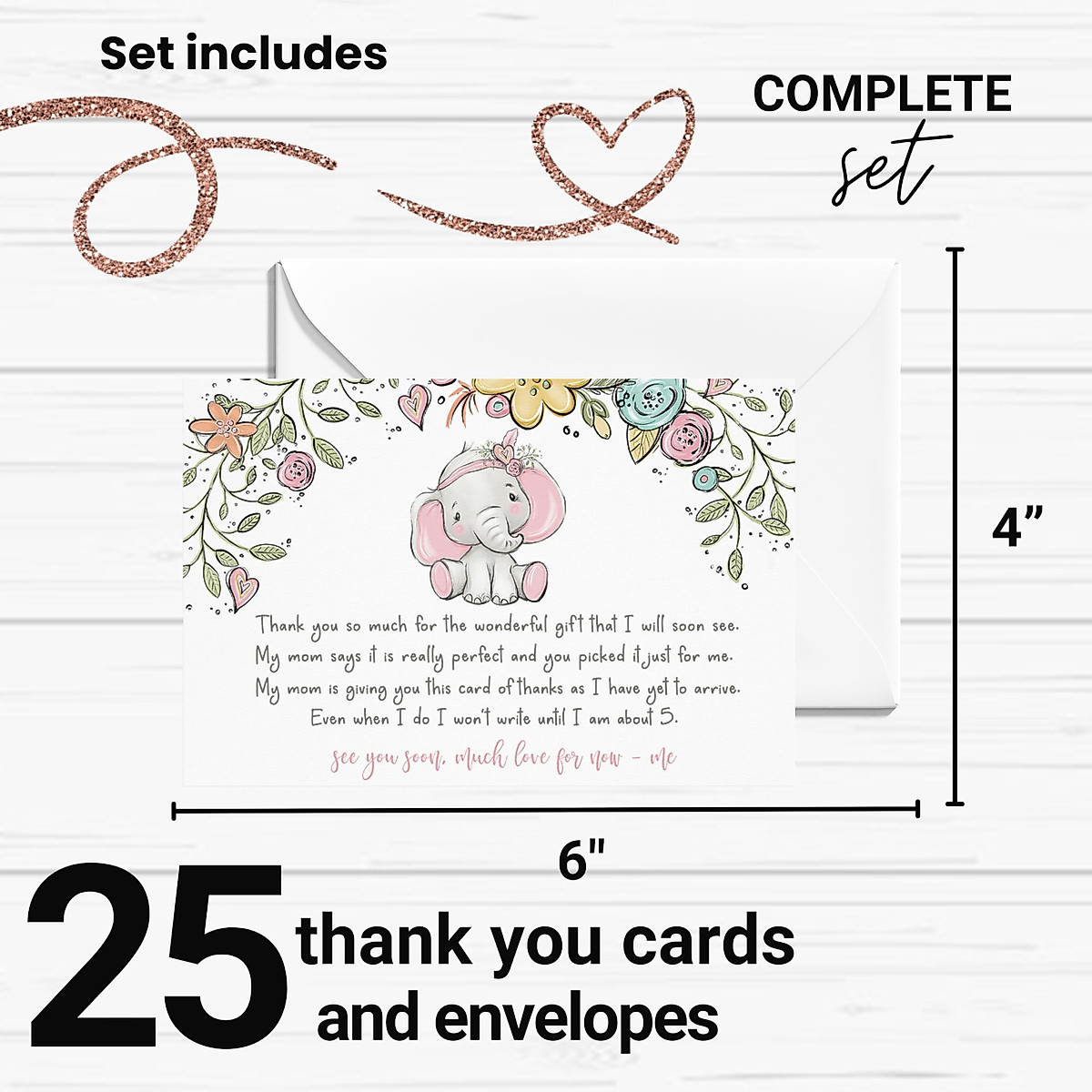 Paper Clever Party Cottage Elephant Baby Shower Thank You Cards with Envelopes - 25 Pack - Pink Floral 4x6 Blank Notes with Prefilled Message from Baby Girl - Personalizable Space for Customization
