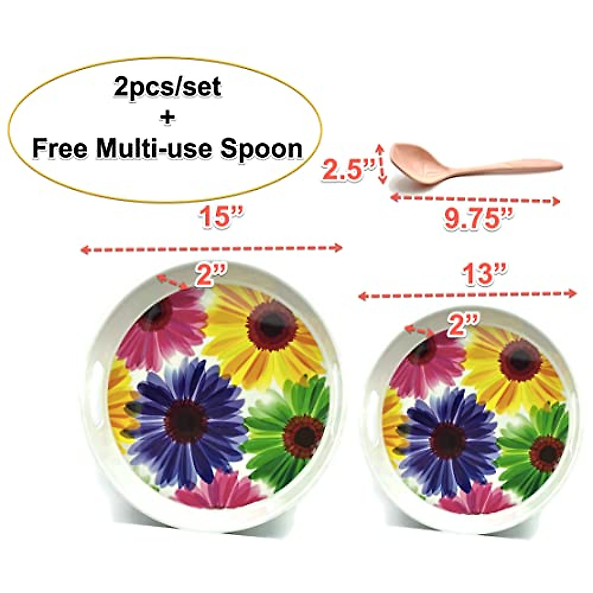 Christmas Serving Tray, Melamine Round Serving Tray Decorative Serving Tray for Tea, Drinks, Fruits in Size 13"/15"+ Free Serving Spoon (Flower-2pcs/set)