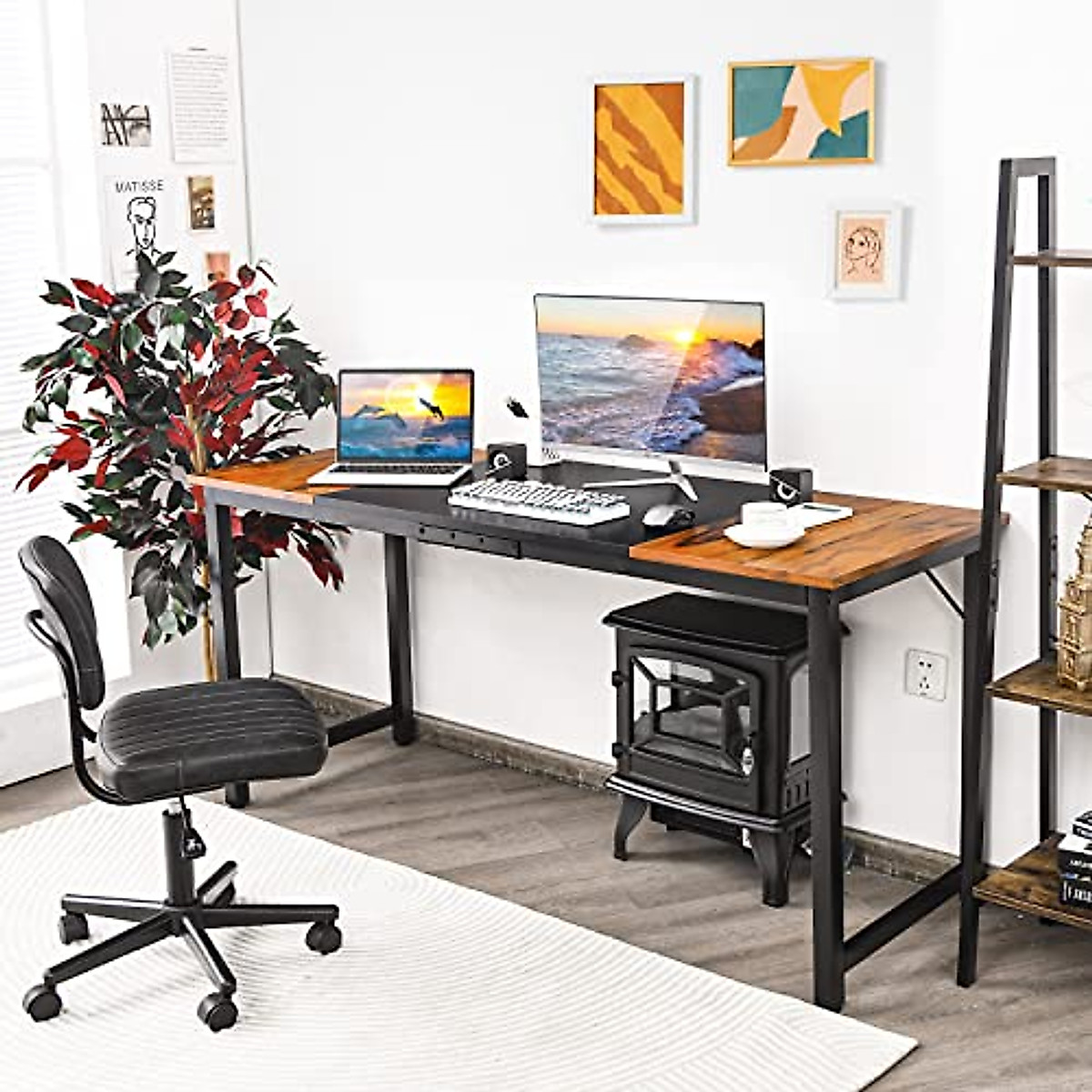 Tangkula 63 Inch Large Home Office Computer Desk, Modern Splice Study Writing Desk w/Heavy Duty Steel Frame, Spacious Conference Desk, Industrial Computer Table Workstation, Easy Assemble