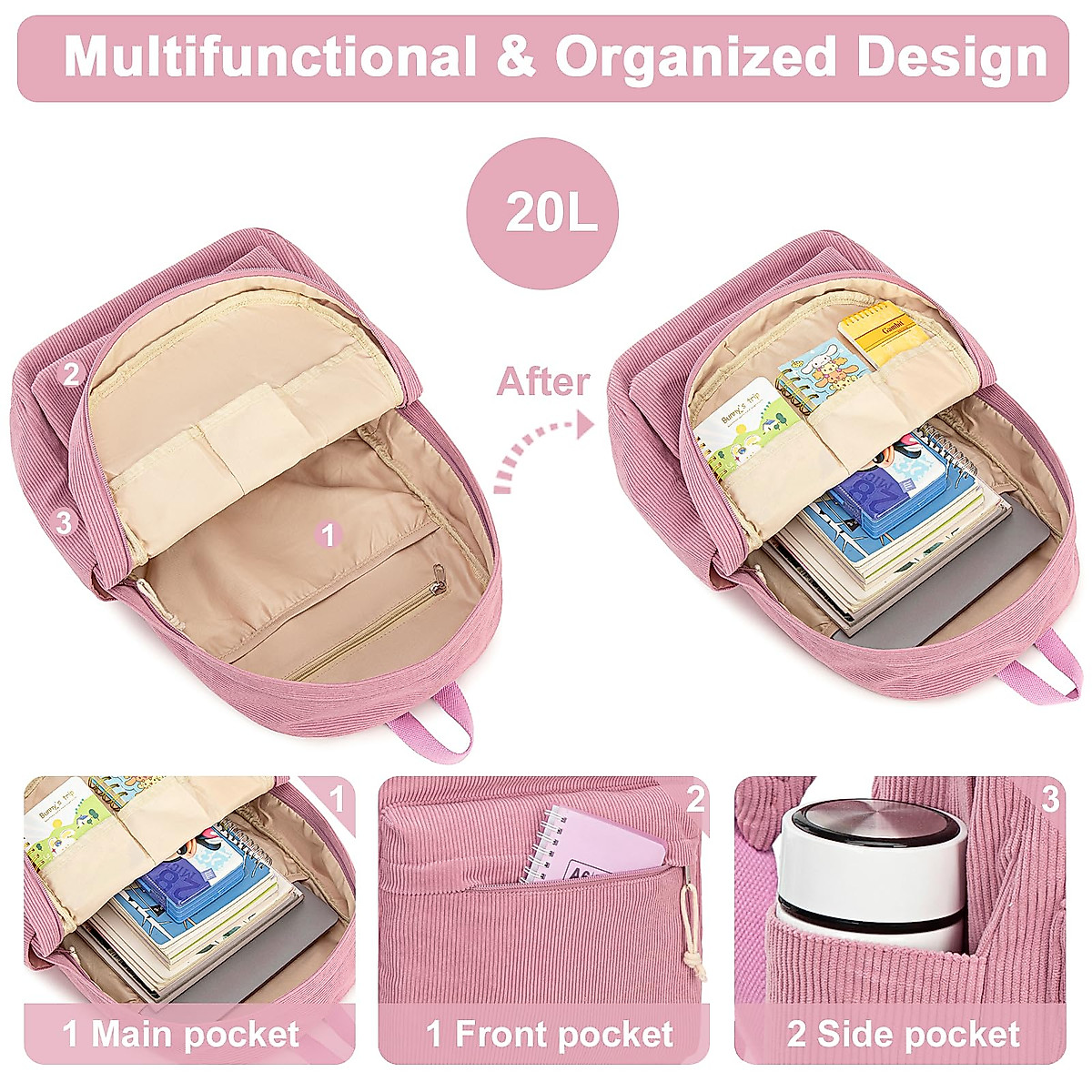 School Backpack for Teens Large Corduroy Bookbag Lightweight 17 inch Laptop Bag for Girls Boys Casual High School College