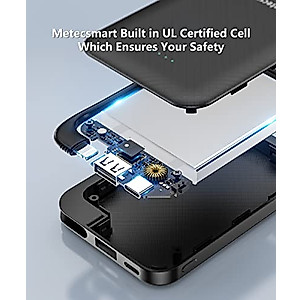 Metecsmart 4500mAh Small Portable Phone Charger, Mini Power Bank Fast Charging, Three Output Type C Input External Battery Pack, Built in a Cable Compatible with iPhone and iPad