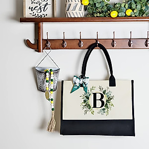 CROWNED BEAUTY Canvas Tote Bag with Zipper Pocket, Personalized Birthday Gift for Women, Floral Initial Letter B Bag for Vacation Beach CT02-B