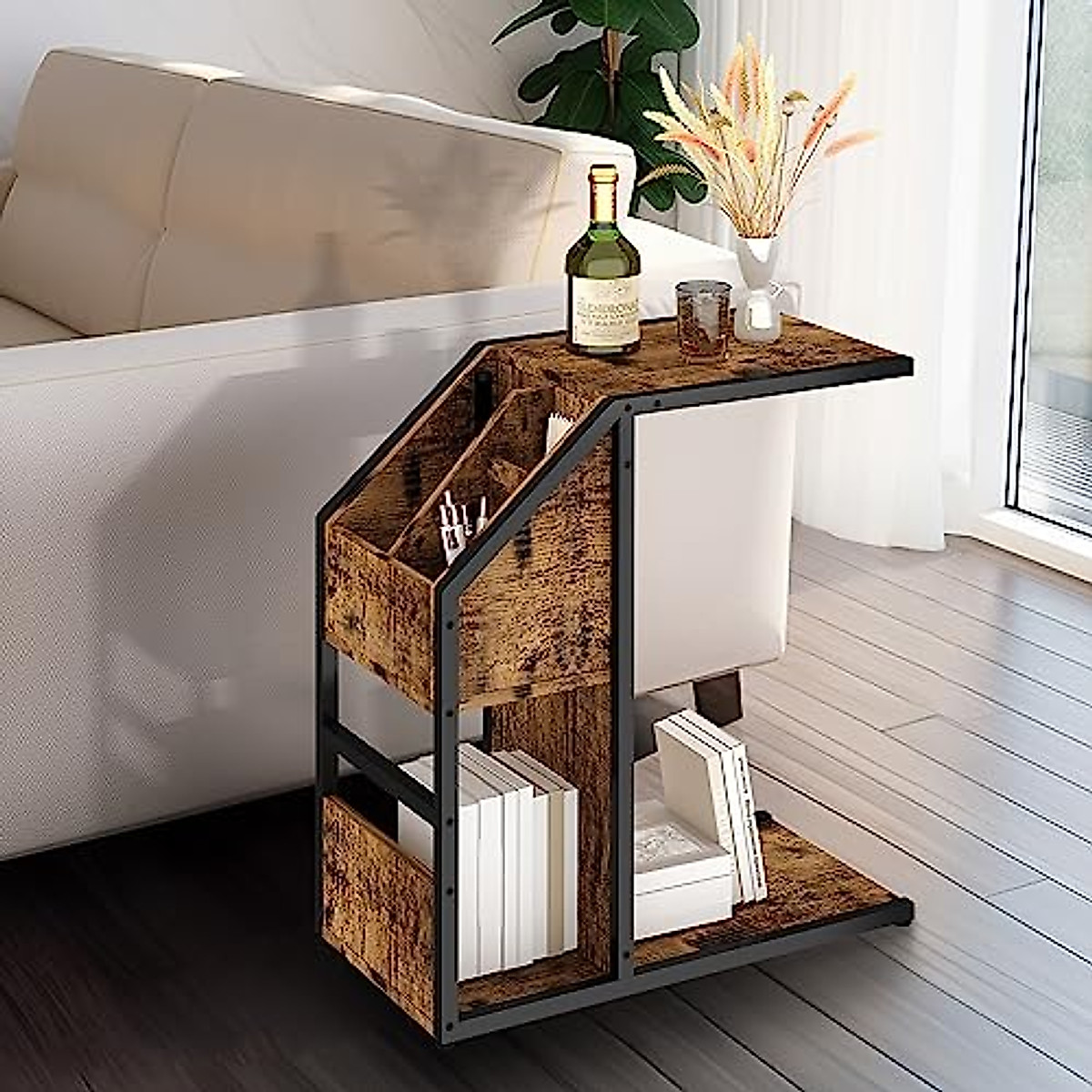 AWQM C Shaped End Table with Storage Compartment, Small Side Table for Couch, Living Room, Bedroom, Industrial Style Beside Table, Sofa Table, Snack Table, Bed Side Table