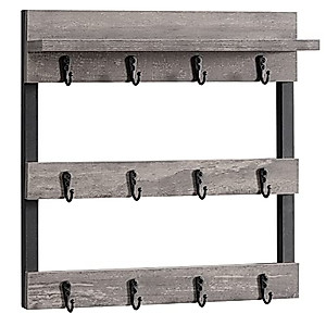 Honiter Coffee Mug Rack Wall Mounted, Rustic Wood Coffee Cup Holder Organizer with 12 Hooks and Storage Shelf , Wall Mug Rack for Display, Collection, Home Kitchen (Gray)