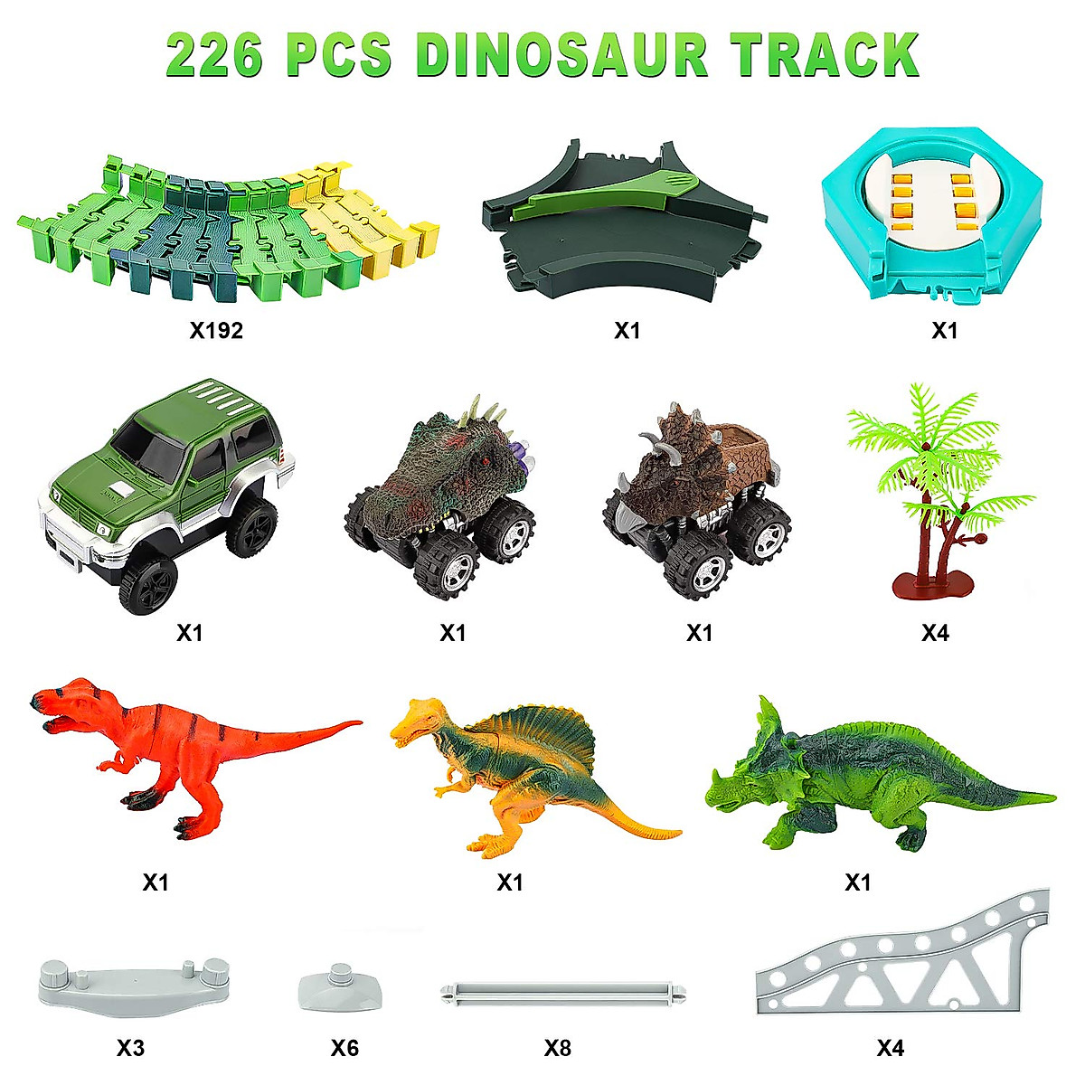 EpochAir Dinosaur Toys, 192pcs Create A Dinosaur World Road Race, Flexible Track Playset and 2 Pcs Cool Dinosaur Cars, 3pcs Dinosaurs for 3 4 5 6 7 8 Year Old Boys Girls Kids Best Birthday Gifts
