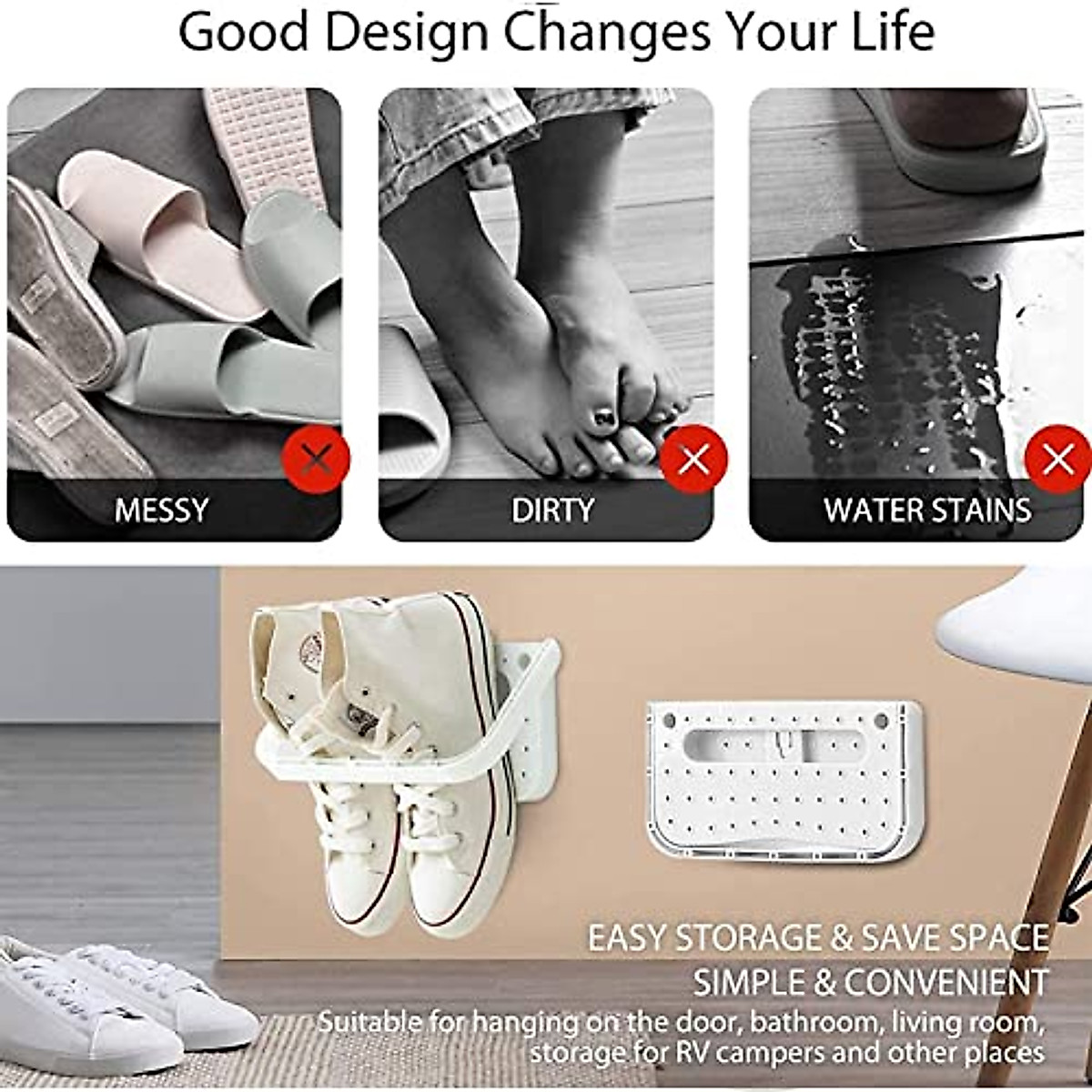 LÜZHONG 6Pcs Wall Mounted Shoes Rack, Folding Hanging Shoe Shelf Space Saver for Shoes Storage Rack Without Drilling Removable Plastic Shoe Holder for Entryway Over The Door Shoe Hangers Organizer