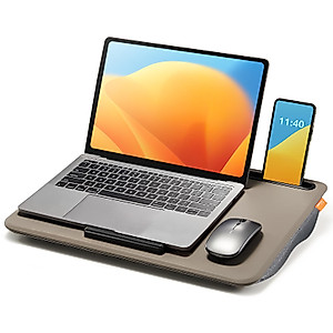 Lightweight Lap Desk with Pillow Cushion & Handle, Fits up to 14 inch Laptop, Portable, Anti-Slip Support Ledge, Tablet & Phone Slot (Brown)