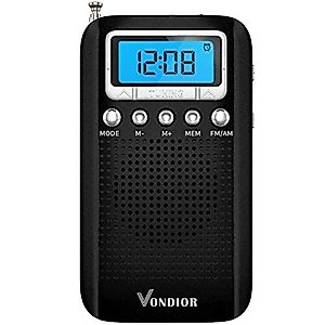 Digital AM FM Portable Pocket Radio with Alarm Clock- Best Reception and Longest Lasting. AM FM Compact Radio Player Operated by 2 AAA Battery, Stereo Headphone Socket (Black), by Vondior