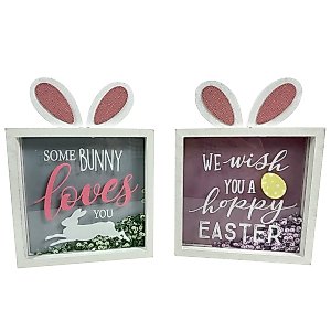 Eternhome Easter Decoration Happy Easter Block for Table 2 Pack Moveable Sequin Shine Bunny Signs Vintage Rustic Sign Spring Wooden Decor Gift Indoor Outdoor 8" X 6"
