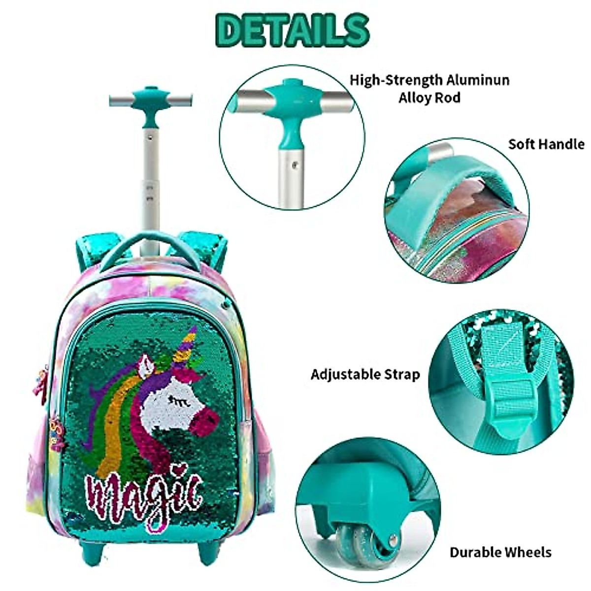 IvyH Wheeled Backpack for Girls, Kids Backpack Trolley Bag with Lunch Bag Pencil Case Sequins Primary School Bag Set 16 inch PU Pupils Satchel Rolling Backpack for Girls