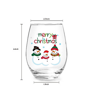 Merry Christmas Wine Glass, 15 Oz New Year Gift Snowman Stemless Wine Glass for Friends Dad Mom Women Men Christmas Wedding Party Winter Holiday Birthday Party