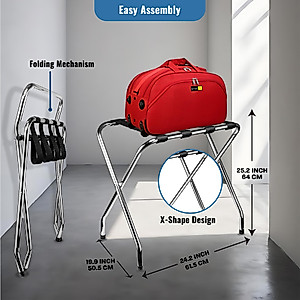 USTECH Luggage Rack Single Tier Foldable Sturdy with Nylon Straps & Rubber Feet for Added Stability | Metal Stand for Guest Room Storage | Perfect for Small Spaces