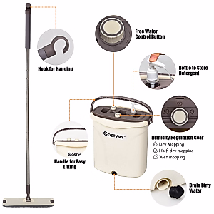 COSTWAY Flat Mop and Bucket Set with 2PCS Microfiber Pads, Hand-Free Wringing Squeeze Mop Separate Dirty Water from Clean Water for Wet and Dry Mopping on Hardwood, Laminate, Tile