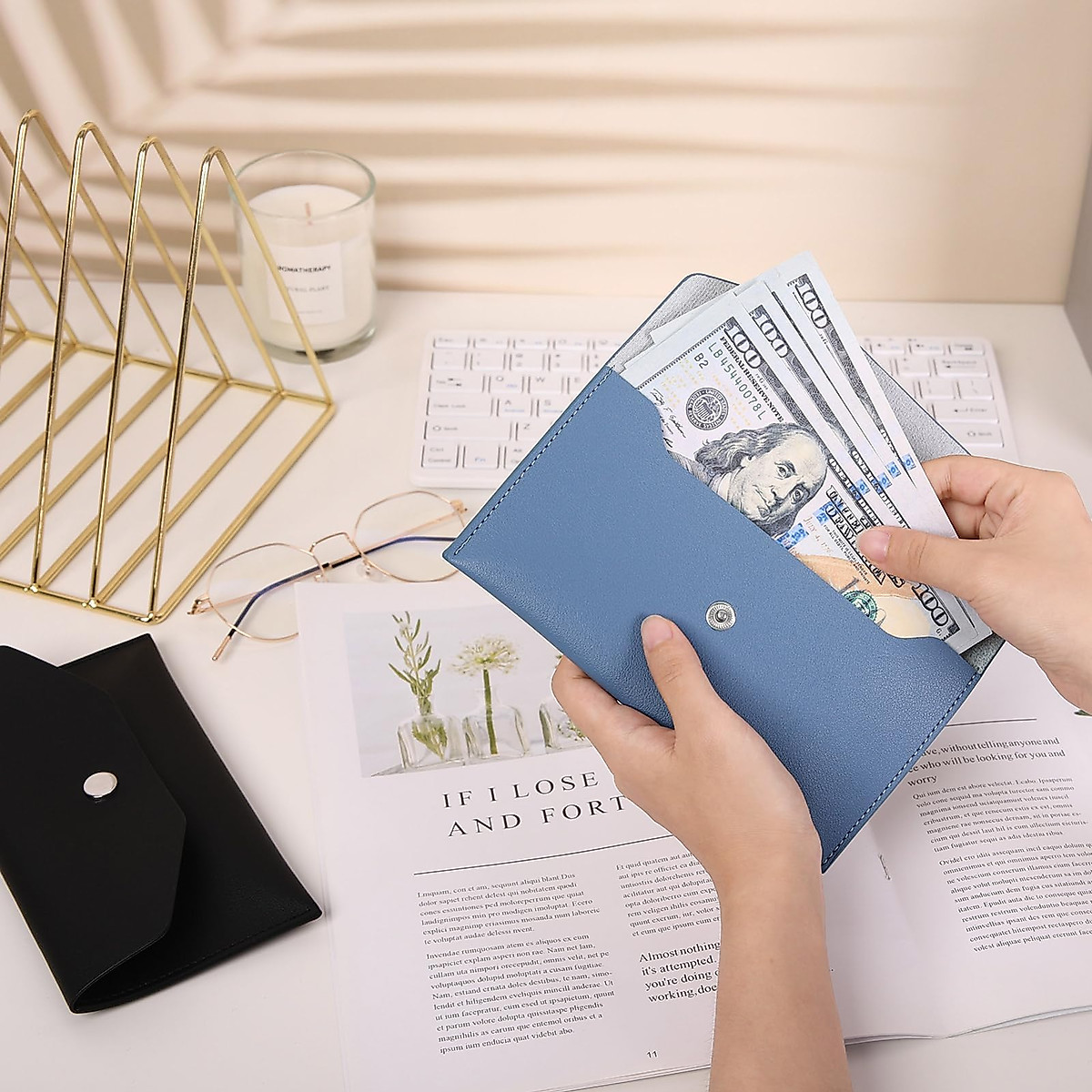 SKYDUE Cash Envelopes, PU Leather Money Envelopes for Cash, Reusable Money Pouch Bag for Cash Saving, Waterproof Cash Envelope Wallet, Budget Cash Envelopes, 2 Pieces (Blue & Black）