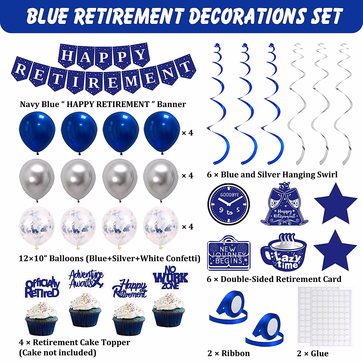 Retirement Party Decorations Blue Silver Happy Retirement Decorations for Men Women, Happy Retirement Banner, Retired Backdrop, Balloons, Pompoms, Hanging Swirl, Retirement Card, Cake Topper Set 54pcs