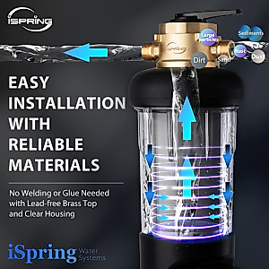 iSpring WSP50ARJ-BP Whole House Prefilter, Spin-Down Sediment Water Filter with Bypass, Upgraded Clear Housing, Jumbo Size, Flushable and Reusable, Touch-Screen Auto Flushing, 4 Modes, 50 Microns