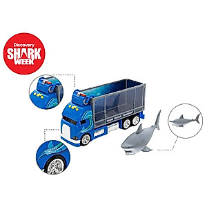 SHARK WEEK Discovery - Rescue Transport Truck Toy Playset for Kids, Includes Moving Toy Truck with Lights and Sounds, Great White Shark Tank, Hand Painted, Realistic, Eco Friendly, Officially Licensed